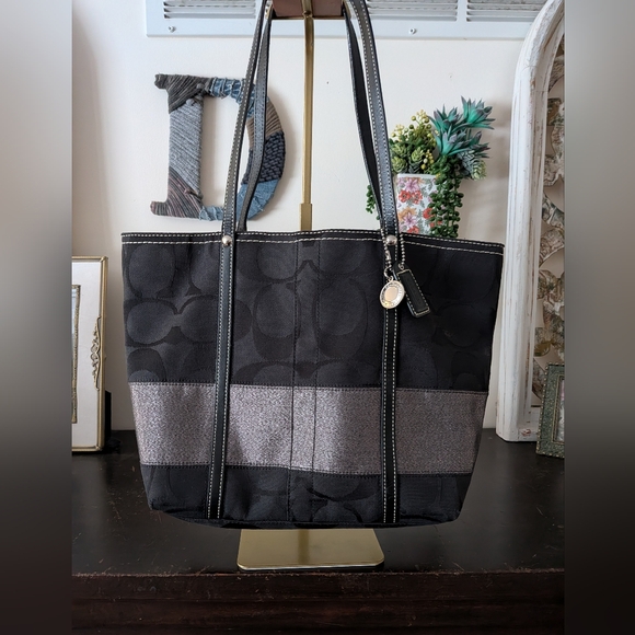 Coach | Bags | Coach Signature Stripe Tote Bag With Silver Glitter ...